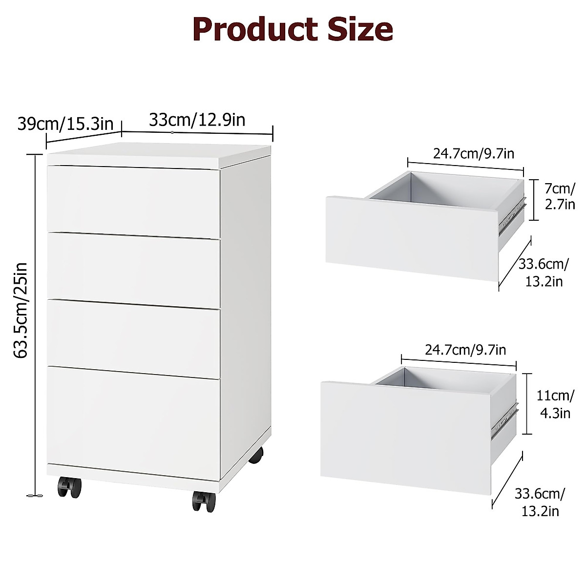 BOTLOG Mobile File Cabinet, 4-Drawer Filing Cabinet with Wheels, Rolling Pedestal Under Desk for Home Office Legal/Letter/A4 Size White