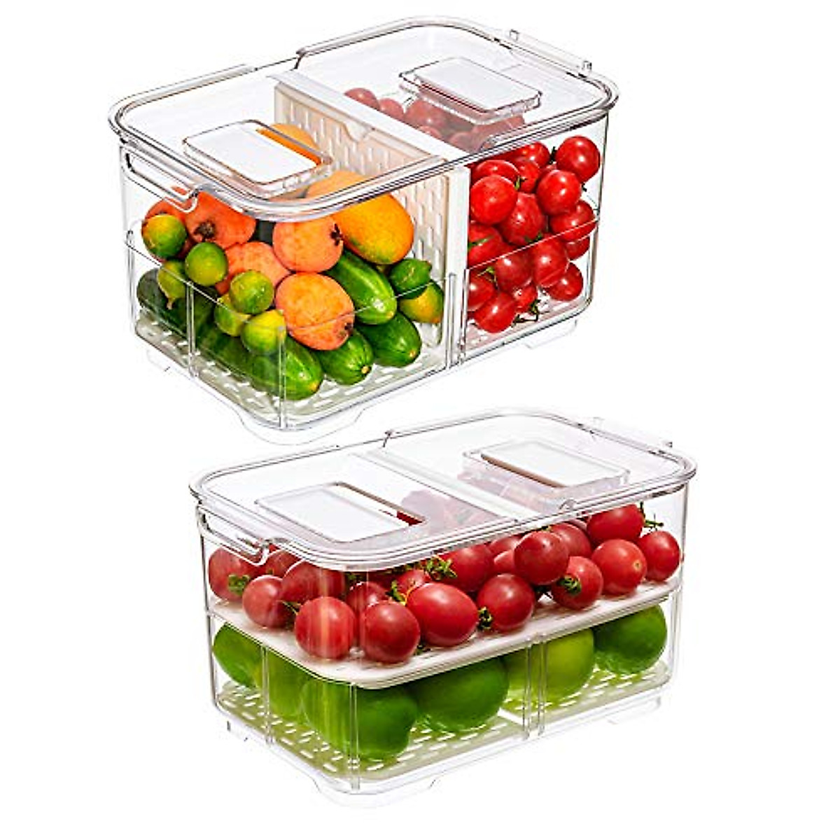 Slideep Food Storage Containers Fridge Produce Saver, Stackable Refrigerator Organizer Keeper Foldable lid with Removable Drain Tray for Produce, Fruits, Vegetables 2800 ml - 2 Pack