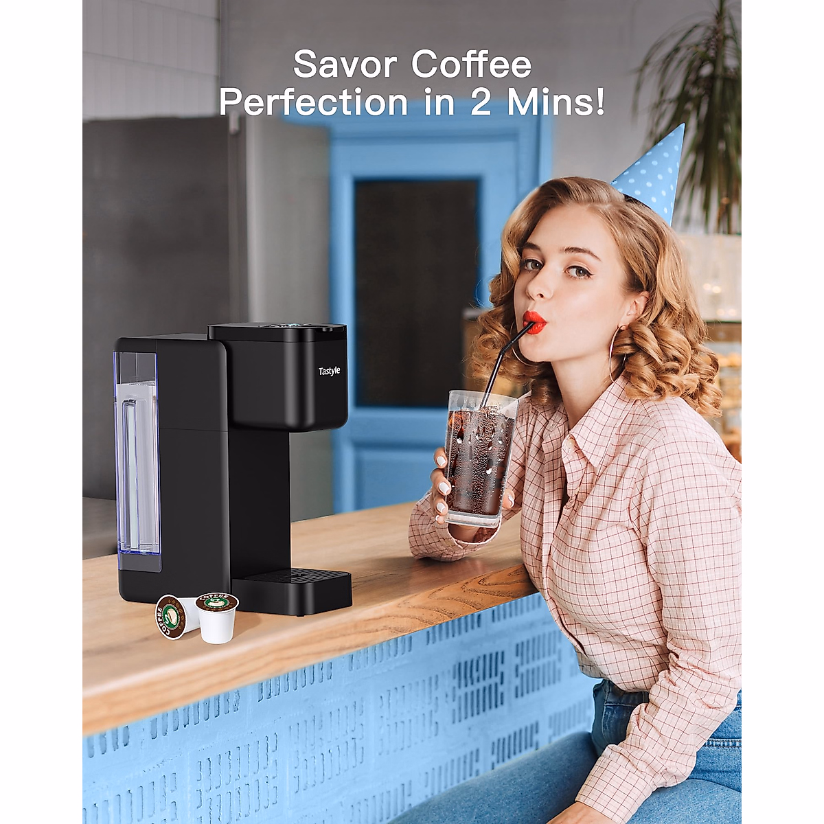 Tastyle Single Serve Coffee Maker, Iced and Hot Coffee Brewer for K Cup & Ground Coffee, with Removable 40 oz. Water Reservoir, 6 to 24 oz. Brew Sizes, Includes Bold & Descale Settings, Black