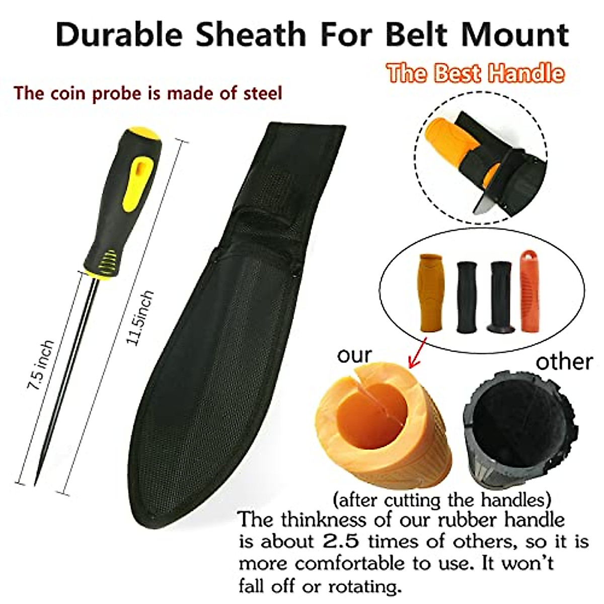 NUOSHIKE Metal Detector Digger Tools with Coin Probe, 7.48 inch Blade, Heavy Duty Serrated Edge Digger,Garden Knife with Sheath for Belt Mount