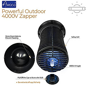 Awoco 18 W Outdoor Bug Zapper 4000V High Powered Electric Killer Fly Trap with 82” Extra Long Power Cord for Eliminating Flying Insects, Flies, Mosquitoes, and Moths