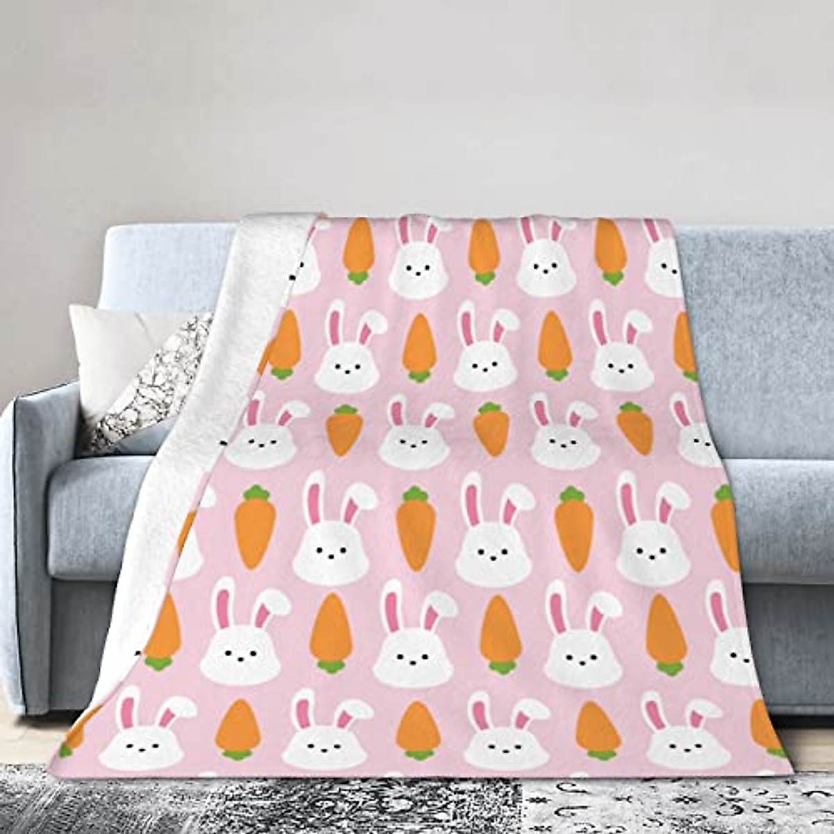 Rabbit and Carrot Throw Blanket Soft Warm Cozy Lightweight Blankets Cute Easter Bunny Flannel Blanket for Sofa Couch Bed Office Holiday Decorative 50"X40"