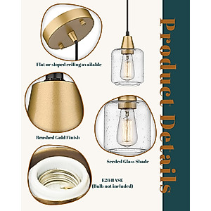 FOITTON Gold Pendant Light Fixtures, 1-Light Hanging Light Fixtures with Seeded Glass Shade, Adjustable Height, Modern Pendant Lighting for Kitchen Island Dining Room