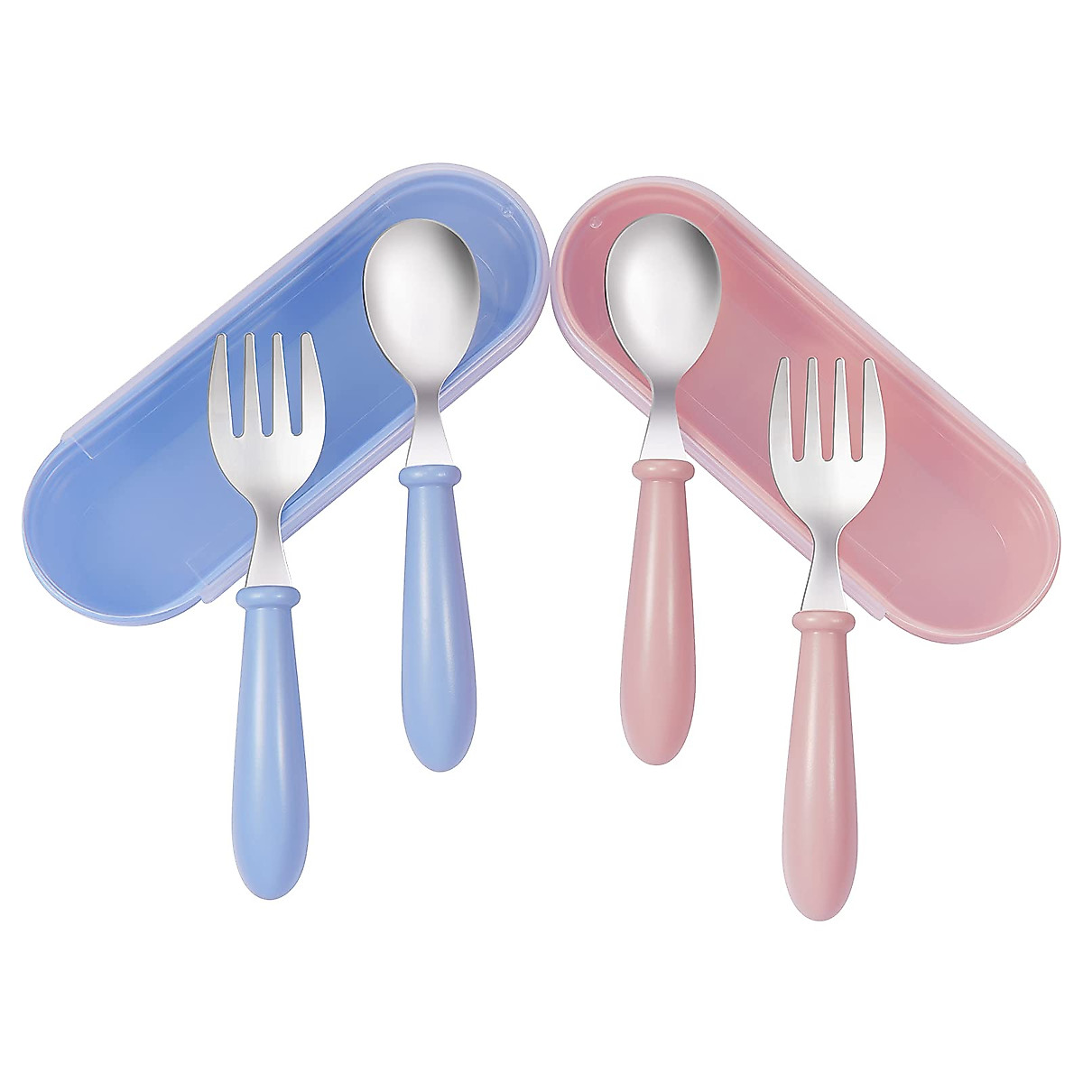 Kirecoo 4 Pieces Toddler Utensils Stainless Steel Baby Forks and Spoons Silverware Set Kids Silverware Children's Flatware Kids Cutlery Set with Travel Carrying Cases for Lunch Box (Blue＆Pink)