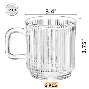 Noamus 6 Pack Premium Glass Coffee Mugs with Handle, 12 Oz Classic Vertical Stripes Glass Tea Cups, Transparent Ribbed Beverage Mugs, Clear Vintage Glassware Set for Hot Cold Americano, Cappuccino