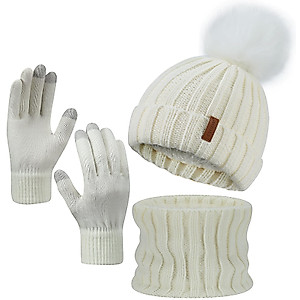 Women Winter Hat Scarf Gloves 3 in 1, Fleece Lined Thick Warm Beanie Hats for women, Knit Slouchy Skull Caps with Pom Pom