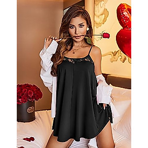 Ekouaer Womens, Sexy Lingerie, Nightgown Nightshirt, Nightwear, Lace Chemise, Sleeveless Camisole Slip Dress, Babydoll Sleepwear, A-black, 3X-Large