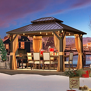 MELLCOM 10'x12' Hardtop Gazebo, Metal Double Roof Aluminum Gazebos with Curtain and Netting,Brown Permanent Galvanized Steel Pavilion for Patio, Lawn & Deck