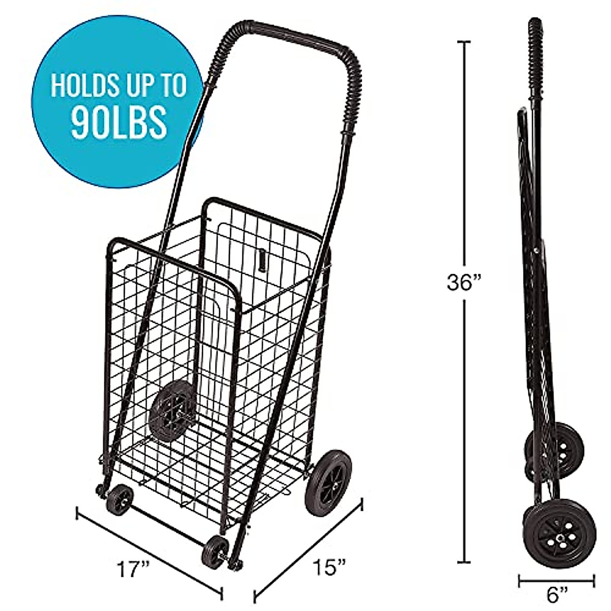 DMI Utility Cart with Wheels, Grocery and Shopping Cart, Laundry Cart, Stair Climber Cart, Lightweight, Holds up to 90 Pounds, Compact and Foldable, Black