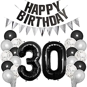 Borsgye 30th Birthday Party Decorations Set for Girl Boy Women Men Black HAPPY BIRTHDAY Letter Banner Silver Sparkly Glitter Traingle Banner Confetti Latex Balloons with Black Giant Number 30 Balloon