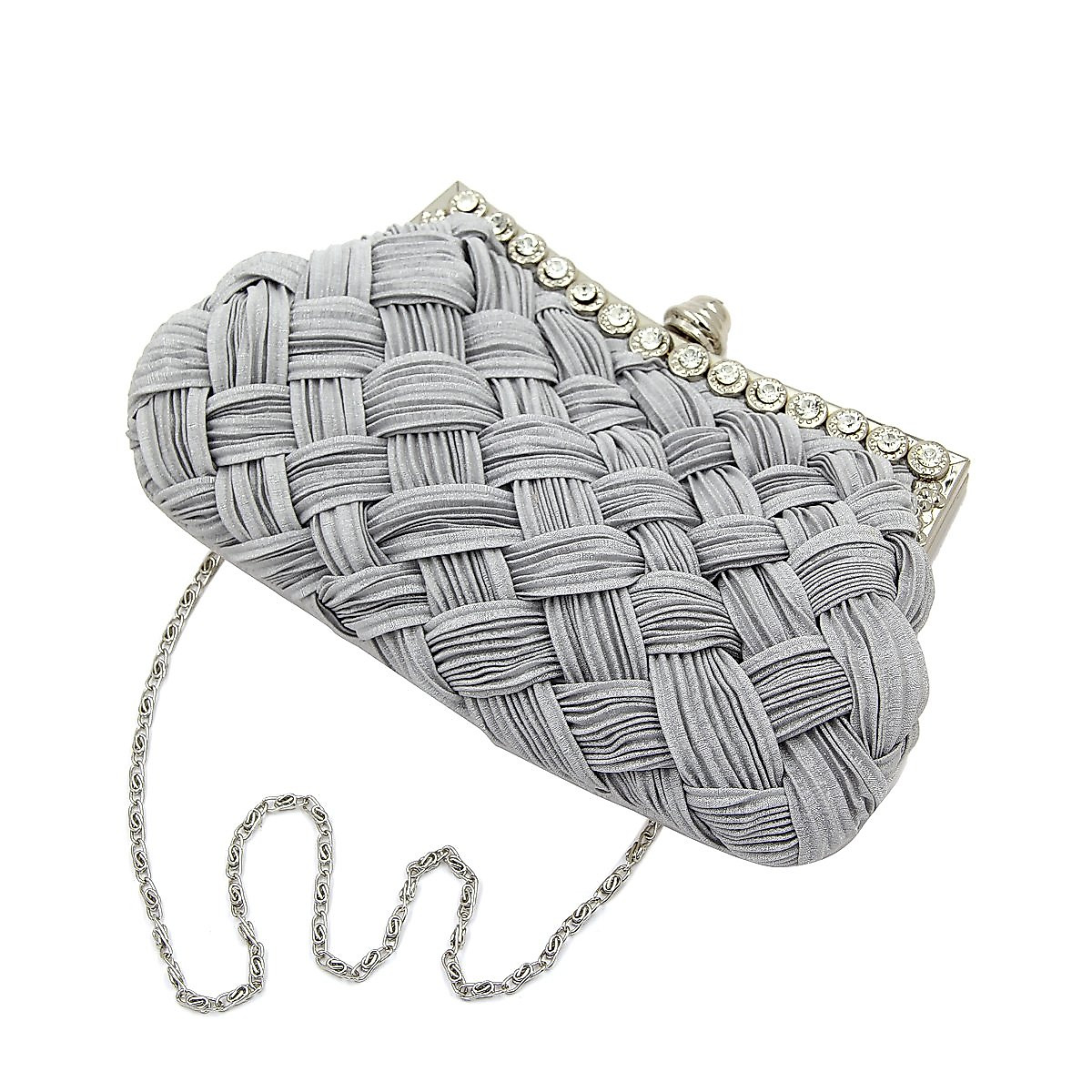 TrendsBlue Elegant Braided Pleated Glitter Rhinestone Clutch Evening Bag, Silver Grey