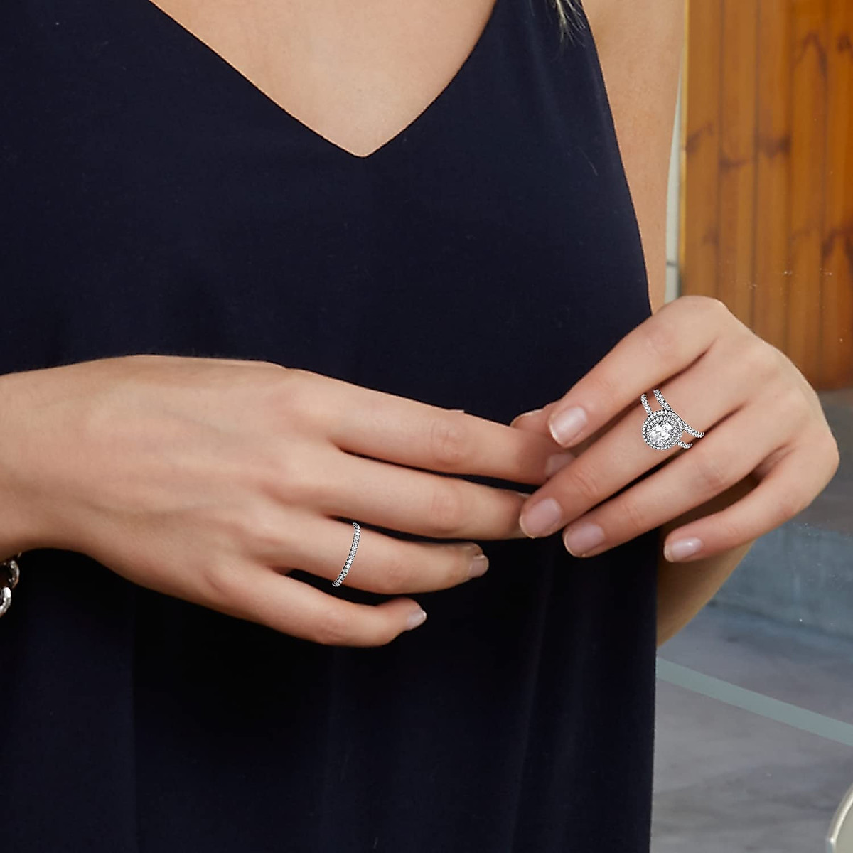 LGYIC 18K White Gold Plated Three-in-One Oval Cut Cubic Zirconia Ring Halo Wedding Engagement Bride Rings Set for Women (10)