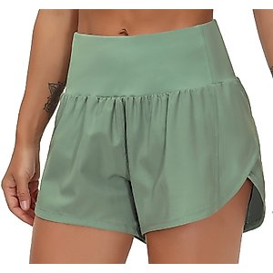 THE GYM PEOPLE Womens High Waisted Running Shorts Quick Dry Athletic Workout Shorts with Mesh Liner Zipper Pockets (Jasmine Green, X-Large)