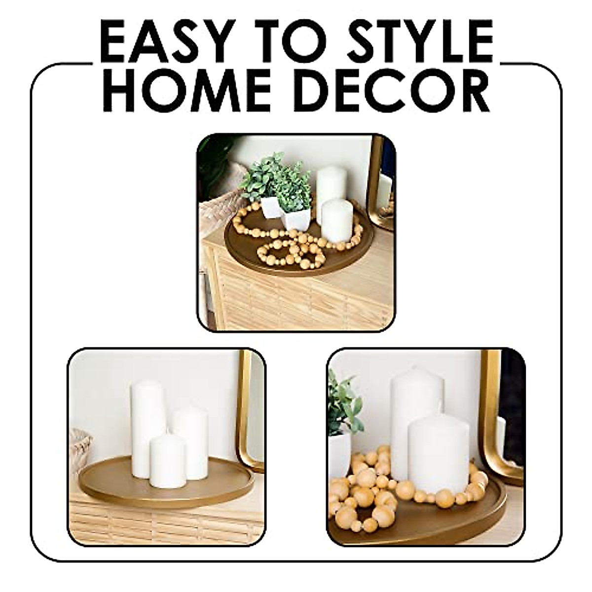 Round Gold Serving Tray | 15 Inches Large Decorative Wood Trays with Rimmed Edge for Coffee Table, Kitchen Counter, Ottoman Tray for Farmhouse Decor, Dining and Living Room (15''L x 15''W x 0.75''H)