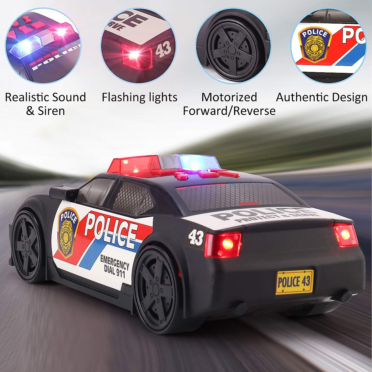 Liberty Imports Motorized Police Cruiser Kids Toy Cop Car Electric Model Rush & Rescue Vehicle 1/16 Scale with Button Activated Forward Reverse Motion, Siren Sounds and Flashing Lights