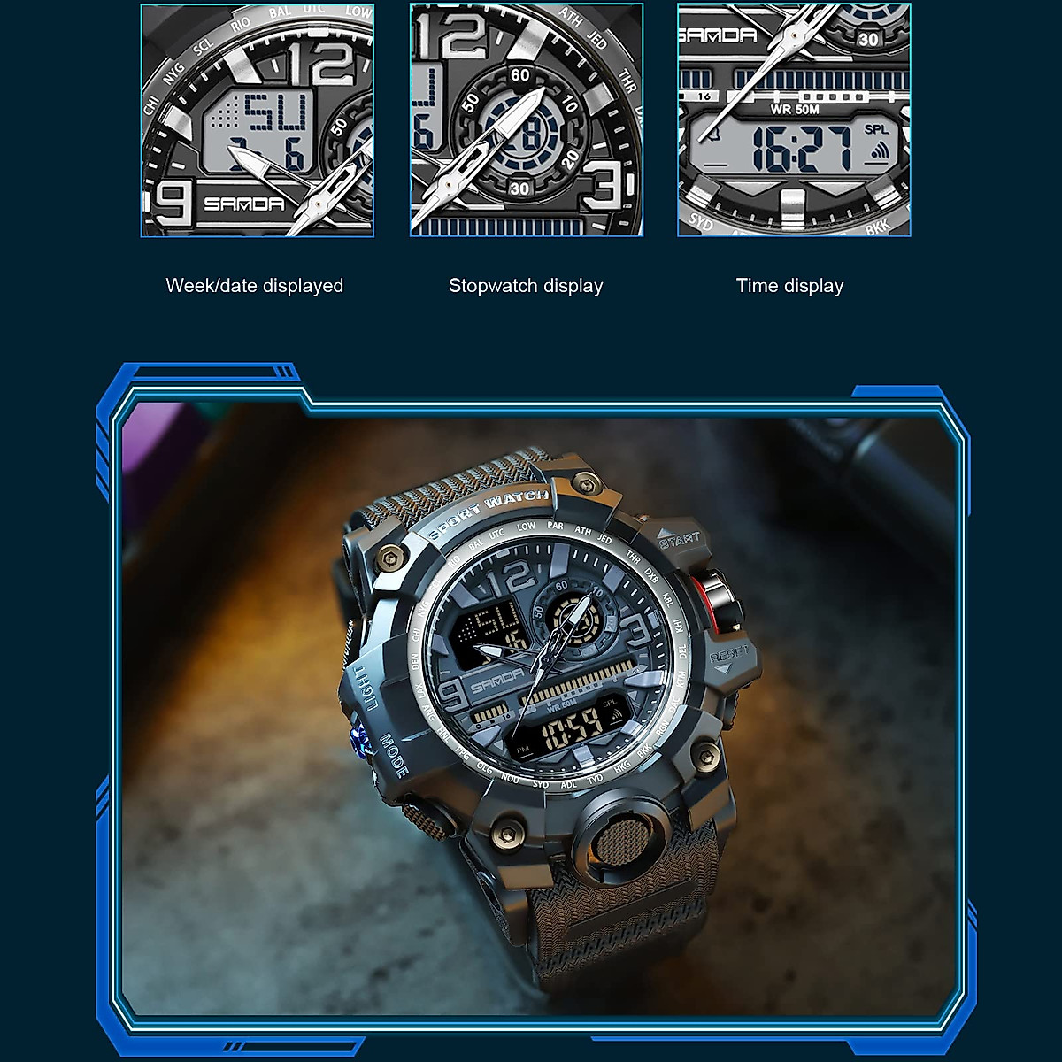 WISHFAN Men’s Military Watch, Dual-Display Waterproof Sports Digital Watch Big Wrist for Men with Alarm (black)