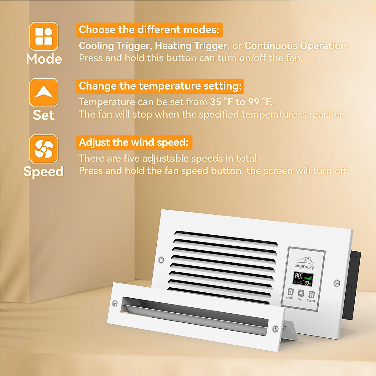 SUPROCKY Room to Room Air Transfer Fan, Through Wall Fan with Intelligent Programmed Air Exchange System, Hardwired, 5-Speed, In Wall Vent Fan with Temperature Sensor, 90CFM, RTR75