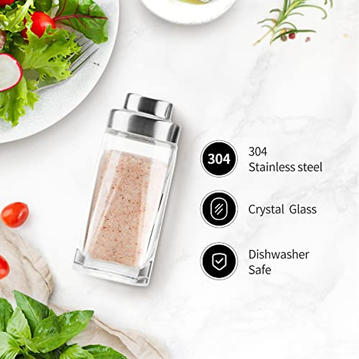Glass Salt and Pepper Shakers Set - Aelga Salt Shaker with Stainless Steel Lid - Elegant Farmhouse Kitchen Decoration(2pcs)