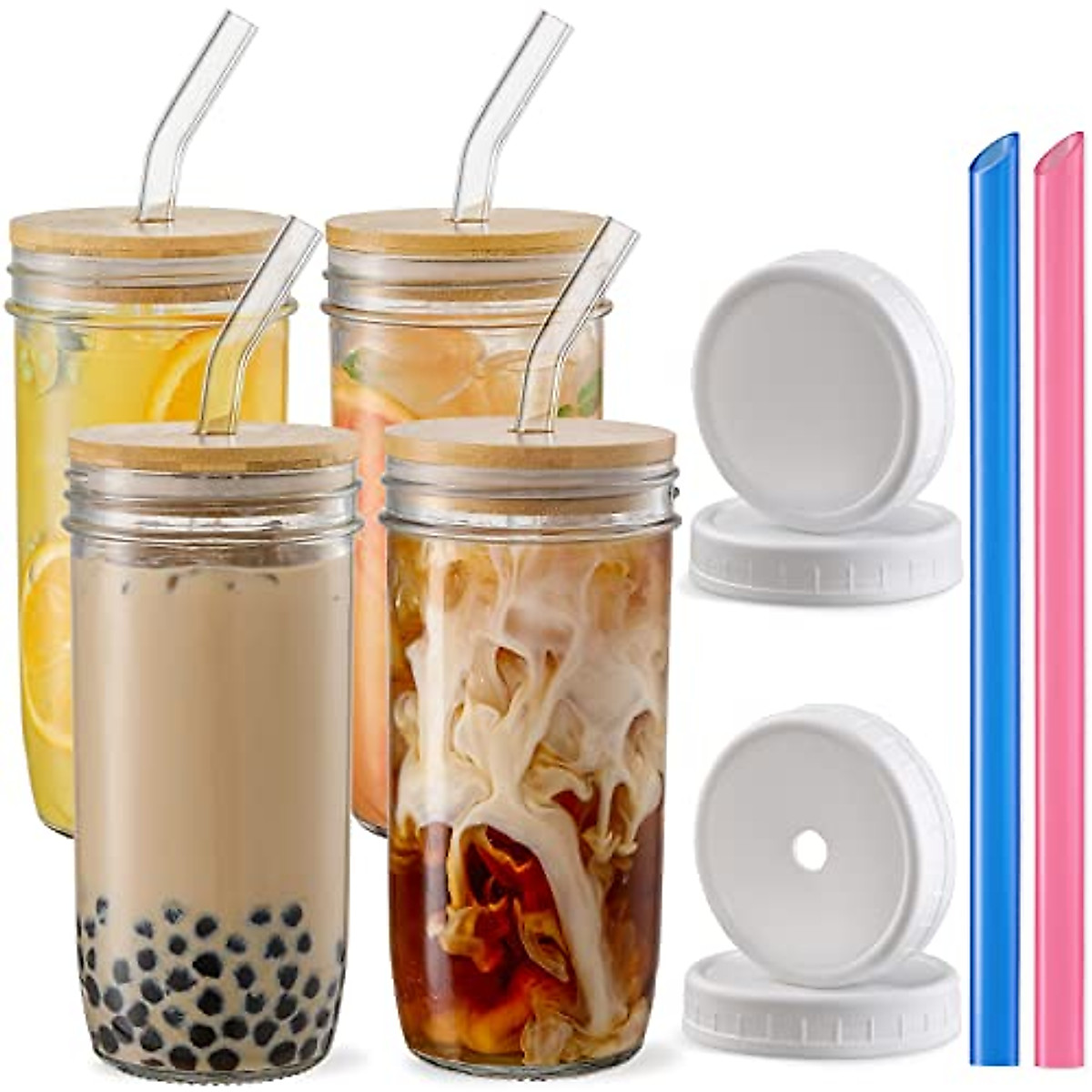 4 Pack Glass Cups Set - 24oz Mason Jar with Bamboo Lids and Glass Straw & 2 Airtight Lids - Cute Boba Drinking Glasses, Reusable Travel Tumbler Bottle for Iced Coffee, Smoothie, Bubble Tea, gift