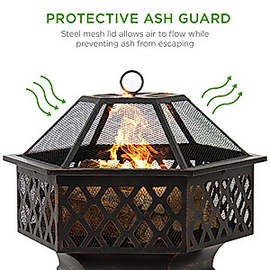 Best Choice Products Hex-Shaped 24in Steel Fire Pit, Black Metal Wood Burning Firepit, Portable Hexagon Fire Bowl for Outside, Patio, Backyard w/Flame-Retardant Mesh Lid