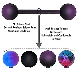 OUFER 4 PCS Stainless Steel 14G Barbell Tongue Rings Purple Black Splatter Tongue Barbell Tongue Piercing Jewelry