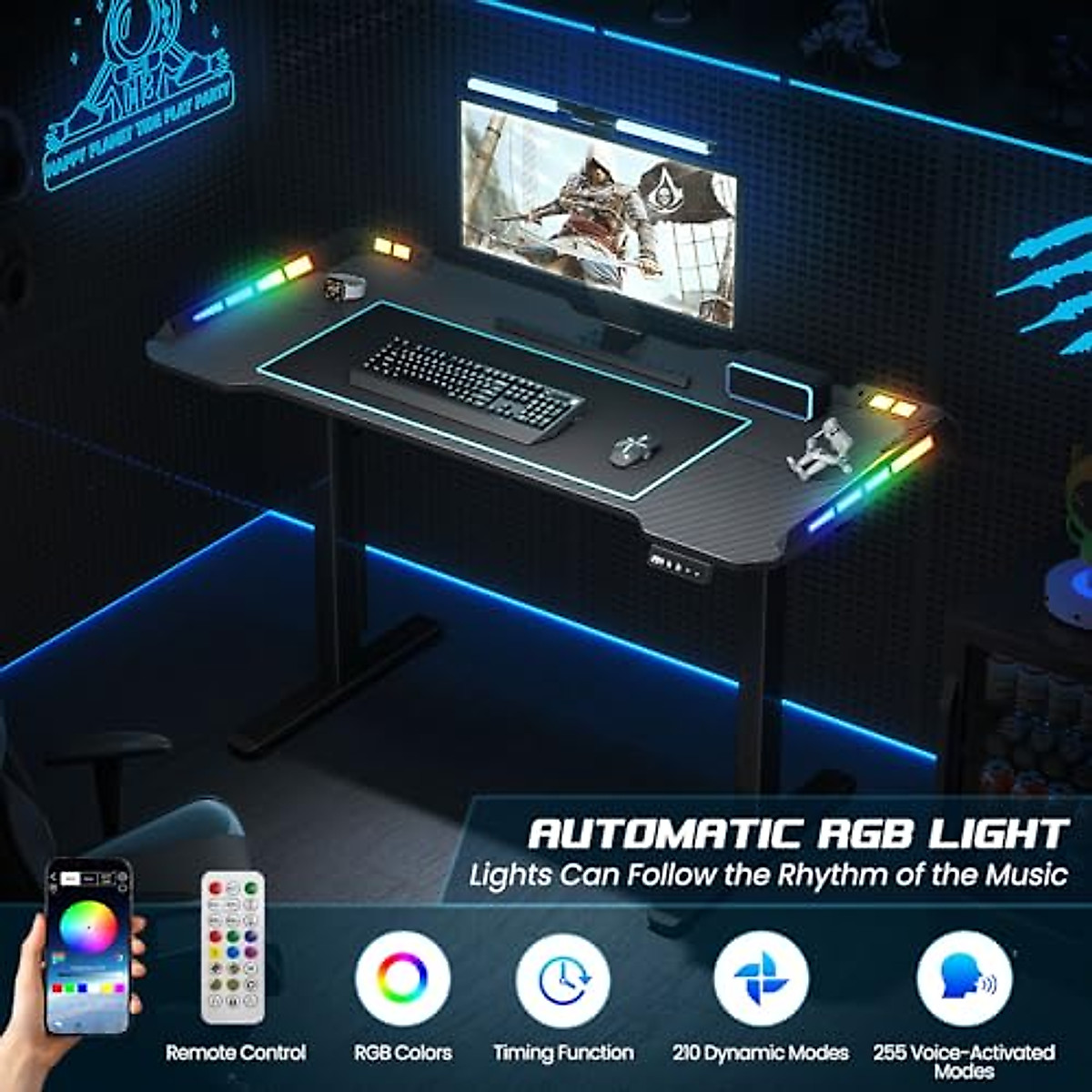 Gaming Desk with LED Lights & APP Control, 48" x 24" Gaming Table with Music Sensing, Underdesk Cable Storage Electric Standing Desk, Black Carbon Fiber PC Desk for Gaming and Home Office