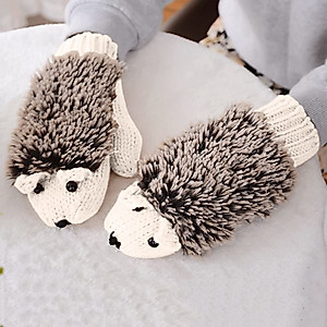 Women's Knitted Warm Mittens Cute Cartoon Animal Gloves Winter Fleece Thicken Gloves (White, One Size)