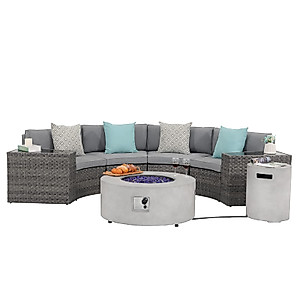SUNSITT 8 Piece Patio Furniture Set with Propane Fire Pit Half-Moon Curved Patio Set Outdoor Sectional Sofa with 36in Grey Gas Fire Table & Tank Cover, Grey Rattan