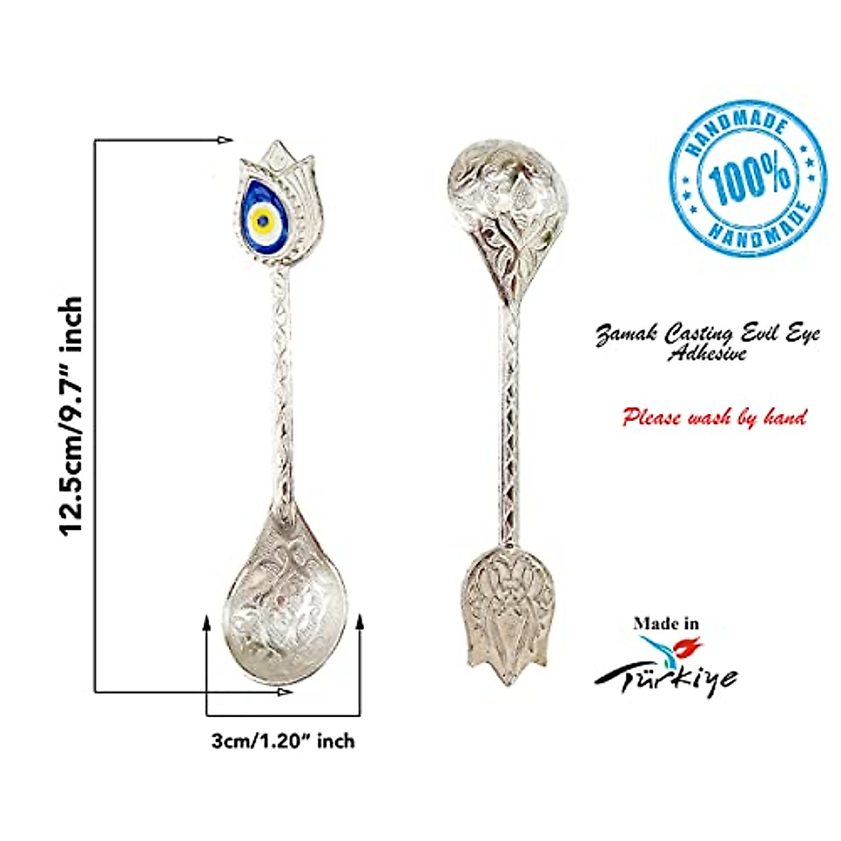 Kuchengerate 6pcs Evil Eye Beady Silver Casting Tea Coffee Stirring Teaspoons 12.7cm/5" inc Unique Nazar Design - a Different Product Dazzling - Suitable for Dessert Espresso Ice Cream - Best Gift Set