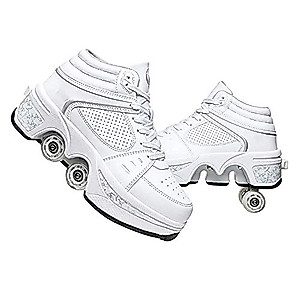 Double-Row Deform Wheel Automatic Walking Shoes Invisible Deformation Roller Skate 2 in 1 Removable Pulley Skates Skating Rollerskates Outdoor Parkour Shoes with Wheels for Girls Boys,White high,US 6