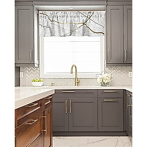 Yun Nist Window Valance Curtain White Marble Gold Stripes Valances for Kitchen Windows,Modern Abstract Geometric Rod Pocket Short Curtains for Bedroom,Bathroom,Living Room 42x12Inch