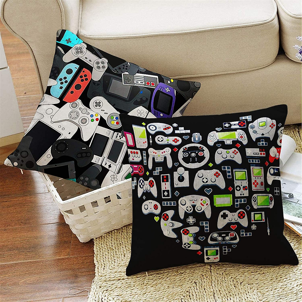 MoharWall Gamer Square Throw Pillow Case Video Game Controller Cushion Cover for Game Boys Bedroom Playroom 18"x 18", 4 Pack