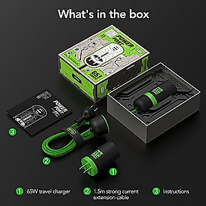 MFish 65W GaN Fast Wall Charger Block with 2 USB-C & 1 USB-A Ports, 5ft Nylon Extension Adapter – High-Speed Charging for iPhone, iPad, MacBook, Samsung Galaxy, and More Devices (Green)