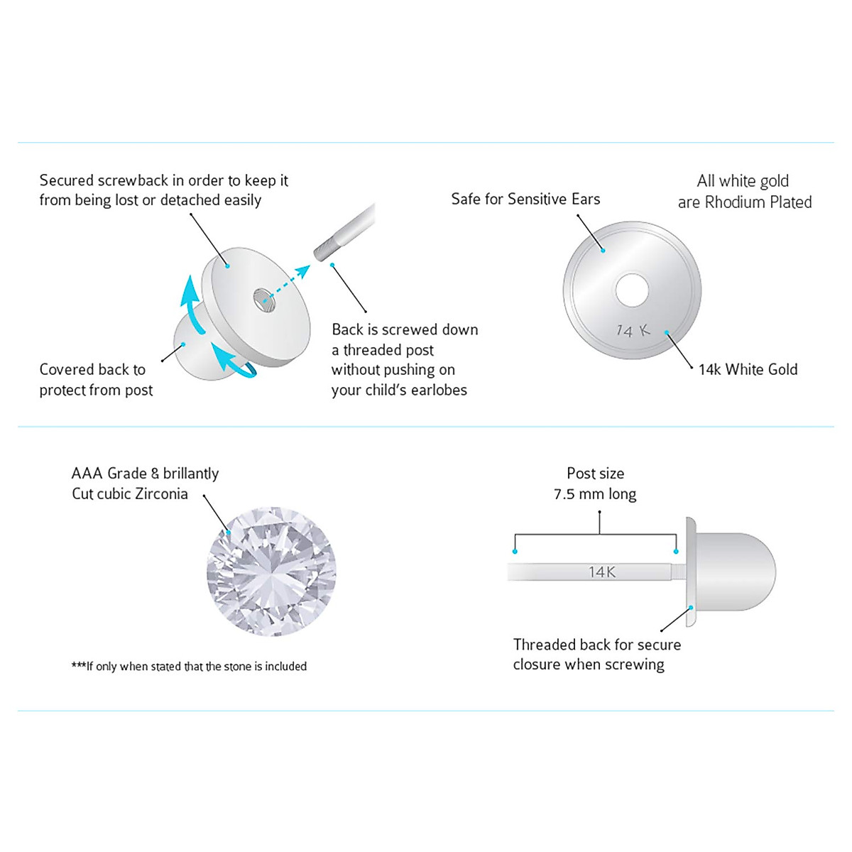 14k White Gold 4mm Basket Pink Round Cubic Zirconia Children Screw Back Baby Girls Earrings