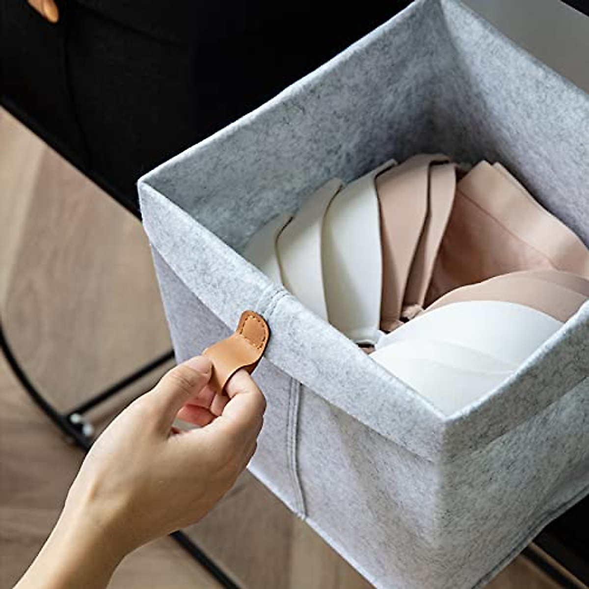 MILILOVE 3Pcs Felt Storage Basket 9x9x10 Cube, Fabric Cloth Storage Bin, Collapsible Organizer with Handle for Cloth Toys Fordable Bin for Bedroom Playroom Office (3)