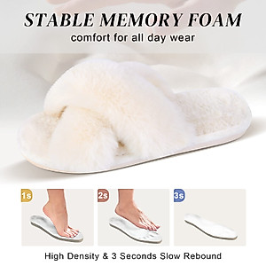 Parlovable Women's Cross Band Slippers Fuzzy Soft House Slippers Plush Furry Warm Cozy Open Toe Fluffy Home Shoes Comfy Indoor Outdoor Slip On Breathable Off-White 9-10