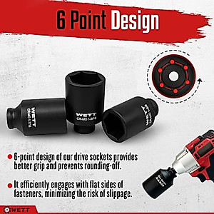 WETT 1/2" Drive Deep Impact Socket Set, 7-Piece Spindle Axle Nut 6 Point SAE Sockets Set, CR-MO, 1-3/8-Inch-1-3/4-Inch