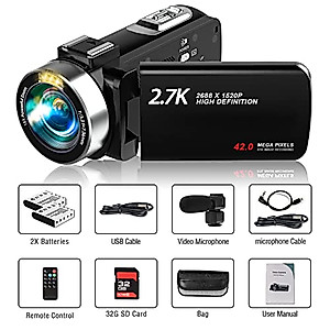 Heegomn Video Camera Camcorder with Microphone HD 2.7K Video Recorder Camera Vlogging Camera for YouTube Kids Camcorder with 3.0" LCD Screen,18X Digital Zoom,Remote,2 Batteries and 32G SD Card
