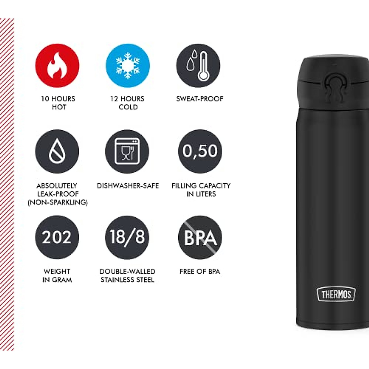 THERMOS 4035.232.050 Ultralight Thermos Flask, Black, 500 ml, Extremely Lightweight, 210 g, Drinking Bottle, Dishwasher Safe, Thermos Flask Keeps Hot for 10 Hours, Cold for 20 Hours, BPA-Free