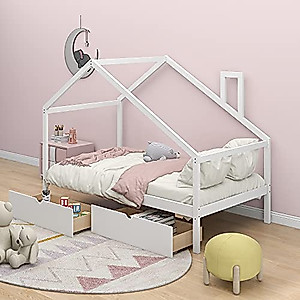 YuiHome Wooden Daybed for Kids Teen, Twin Size House-Shaped Daybed with Two Pull-Out Drawers and Roof, Can be Decorated,White