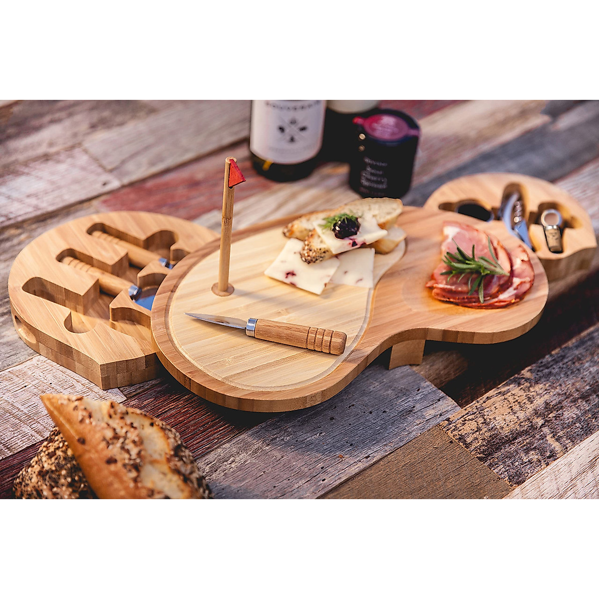 TOSCANA - a Picnic Time brand Sand Trap Cheese Board and Tool Set, Charcuterie Board Set, Wood Cutting Board with Cheese Knives, (Bamboo) 16 x 12 x 4