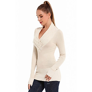 AmélieBoutik Women Crossover Cable Knit V Neck Long Sleeve Pullover Sweater (Light Beige Medium)