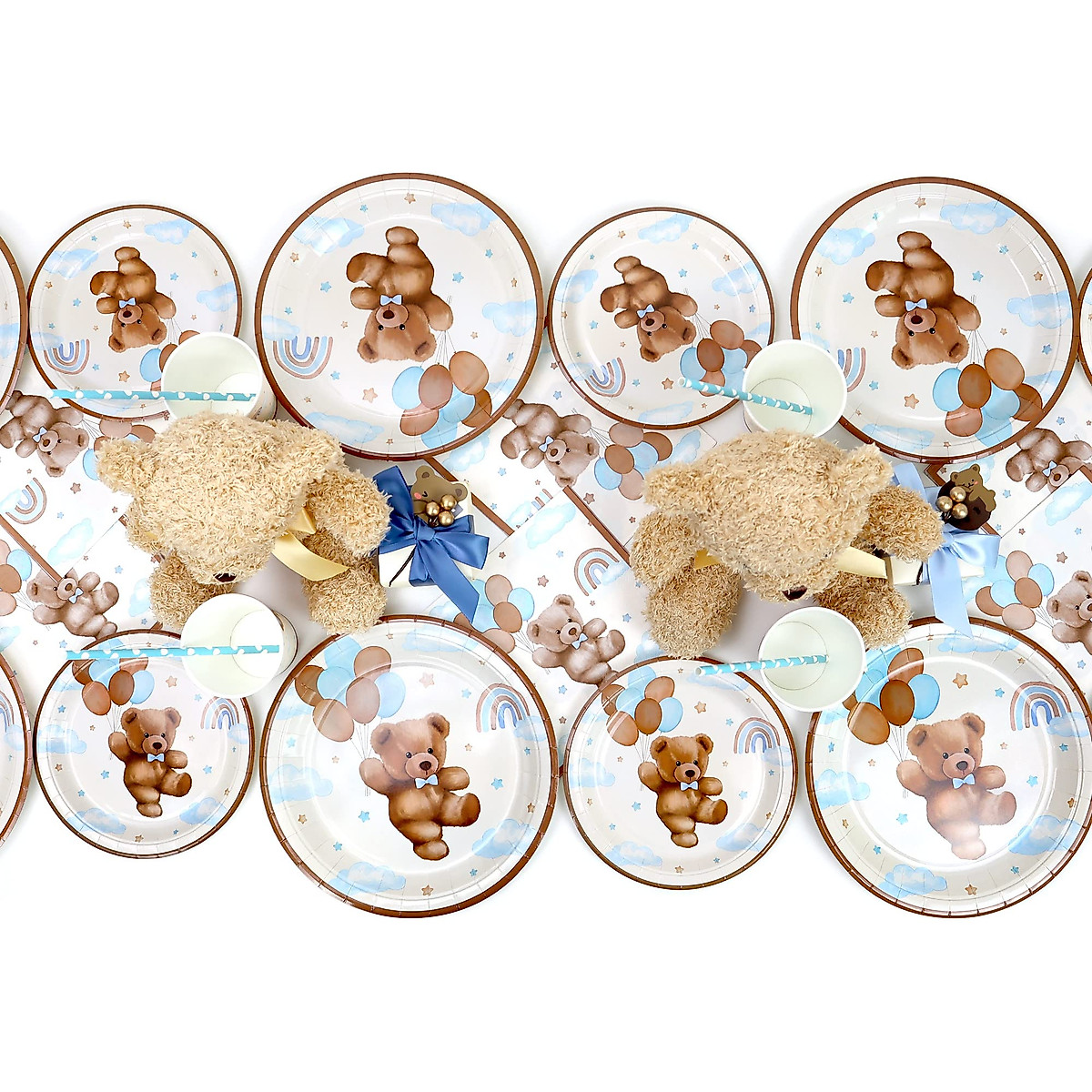Teddy Bear Baby Shower Decorations Plates Set for 25,Boho Paper Plates Cups Napkins Straws for Boy Brown Blue Disposable Tableware Birthday Party Supplies