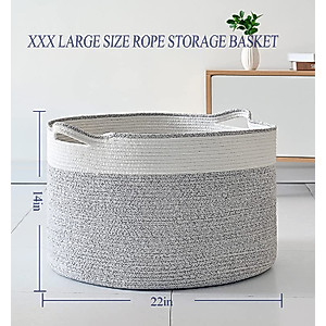 Large Cotton Rope Basket, Blanket Basket 22" x 22" x 14" Woven Cotton Rope Basket Toy Basket Soft Storage Basket White & Navy Blue