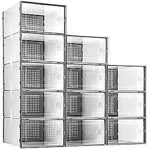 Kuject Grey Shoe Organizer Storage Boxes for Closet, 12 Packs Clear Plastic Stackable Shoe Storage Bins For Entryway, Closet, Drop Front