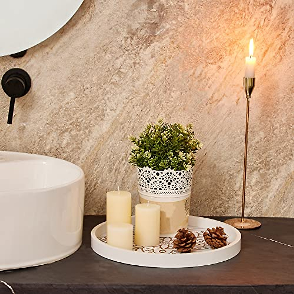 SimpleArt Wooden Serving Tray Round, Rustic Coffee Table Tray Farmhouse Tray Decor for Centerpiece Table Decorations,Kitchen Table Decor, Boho Ottoman Tray for Home White