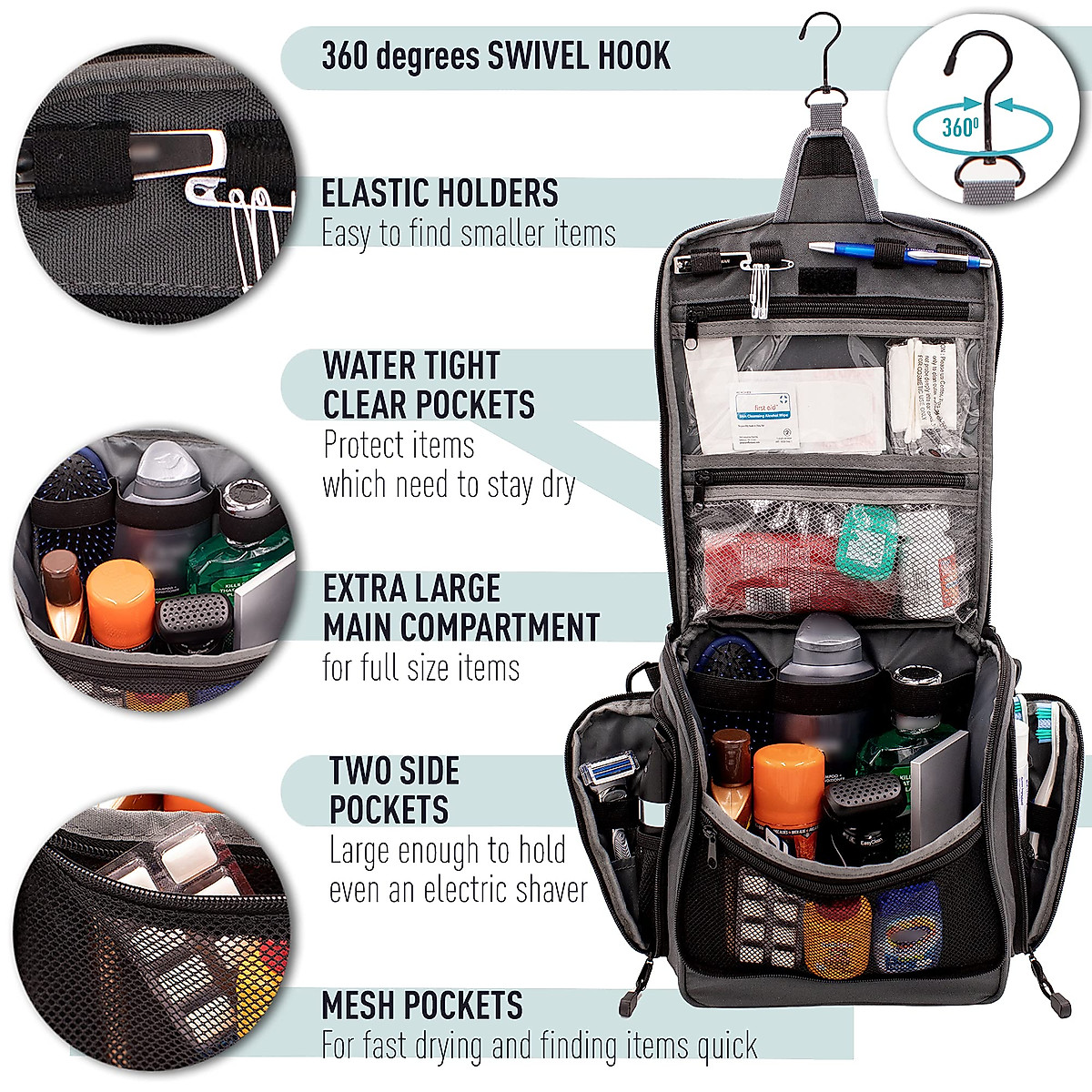 T.O.M HORIZONS Tactical Toiletry Bag for Men. Extra Large, Water Resistant, Heavy Duty, Hanging, Multiple compartments and Storage Options, Dopp Kit for Toiletry Accessories