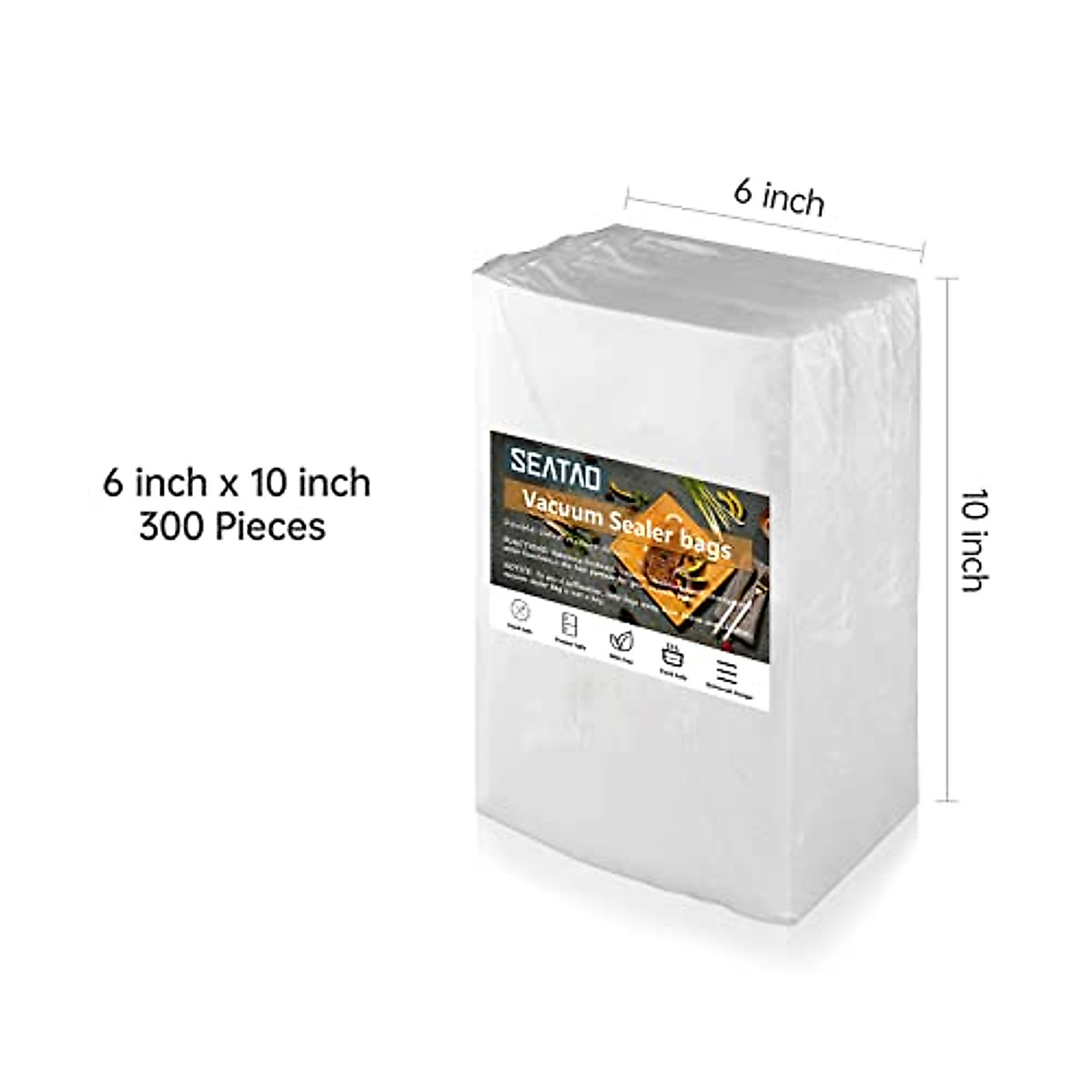 SEATAO 6” X 10” 300 Count Vacuum Sealer Bags，precut Pint, Ideal for Food Saver, BPA Free, Commercial Grade, Great for Storage, Meal Prep and Sous Vide
