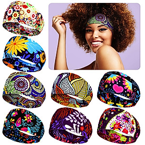 WILLBOND 8 Pieces African Headband Stretchy Boho Print Hairband Yoga Running Sports Workout Head Grip Band Elastic Turban Headwrap Head Cloth for Women Hair Accessories(Floral Pattern)