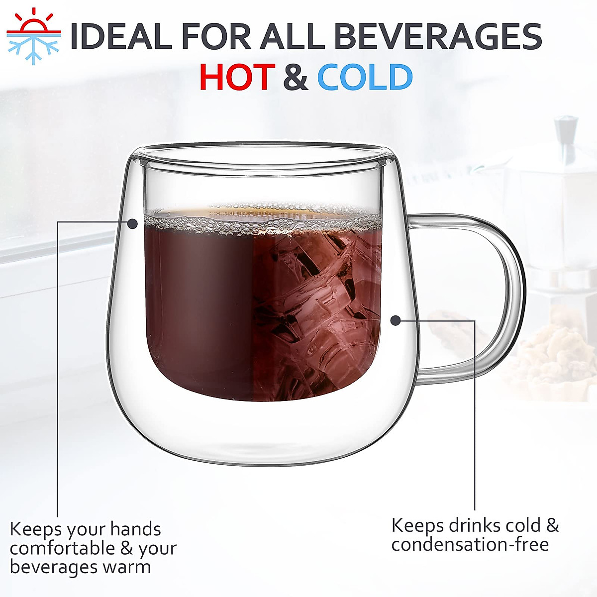 Sunnyray 8 Pack Double Walled Glass Coffee Mugs 10oz Insulated Cappuccino Glasses Mugs with Handle Clear Glass Coffee Cups Bistro Travel Camping for Tea Latte Beverage Shots Glasses Heat Resistant